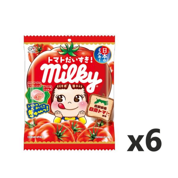 トマトのおいしさぎゅ〜っ！トマト本来のしっかりとした甘み・酸味・香りがあるのが特徴のおいしい鳥取県産日南トマト使用のトマト味のミルキーです。原材料：水あめ（国内製造）、加糖練乳、砂糖、クリーム（乳成分を含む）、砂糖水あめ調製品、トマト、植物...