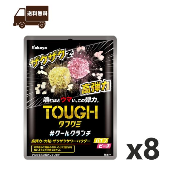 高弾力の噛みごたえとやみつきのウマさはそのまま、「タフグミ」が「ザクザク」食感になって新登場。?甘酸っぱいパインフレーバーと程よく甘いピーチフレーバーの2種アソート。原材料:水飴(国内製造)、砂糖、ゼラチン、植物油脂／ソルビトール、酸味料、...