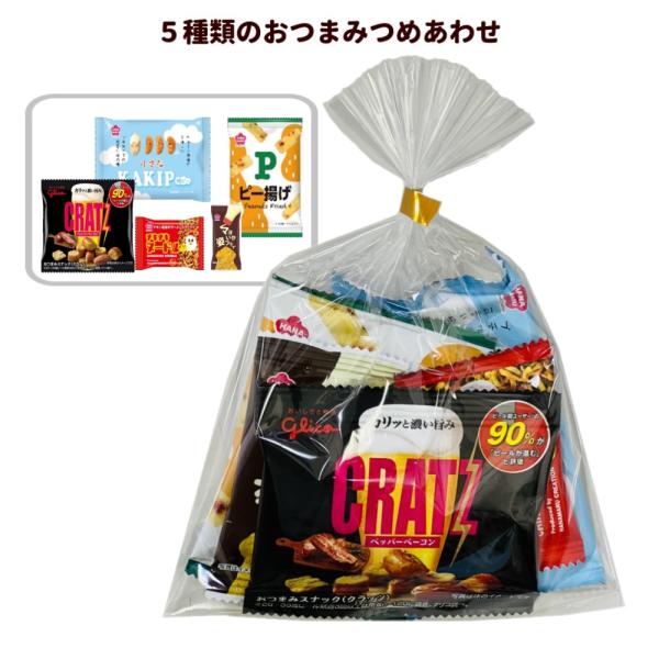 ちいさなおつまみ５種類を詰め合わせました。ちいさな贈り物やノベルティなど大人の方にも喜ばれるお菓子の詰め合わせです。商品内容：グリコ　クラッツ14ｇ、花まる　小さな柿ピー12ｇ、花まる　ピー揚げ6ｇ、花まる　チキチキヌードル4ｇ、花まる　マ...