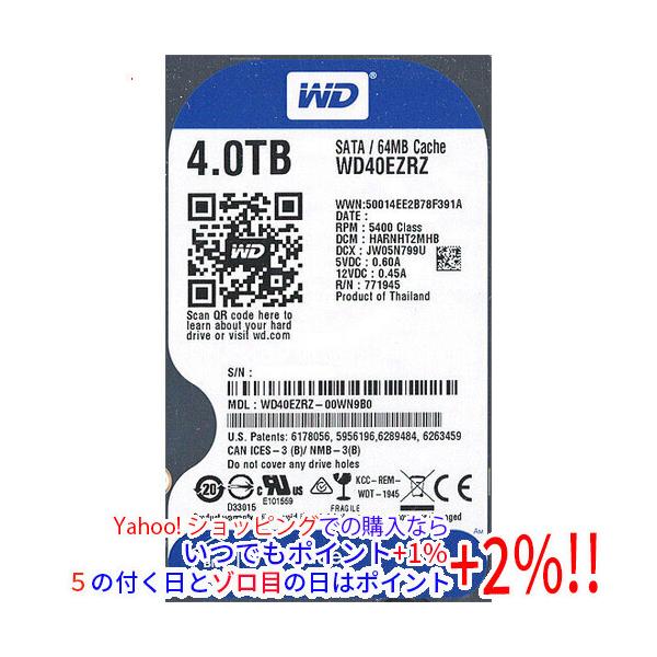 【商品名：】Western Digital製HDD WD40EZRZ 4TB SATA600 5400　／　【商品状態：】新品です。　／　【検索用キーワード：】≪ウエスタンデジタル ハードディスク WESTERN DIGITAL 3.5イン...