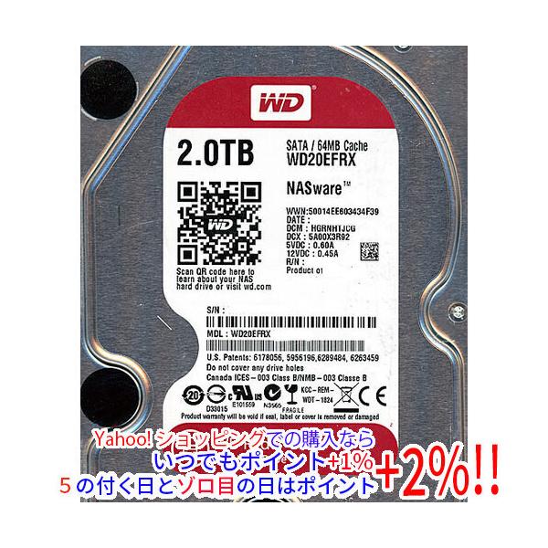 【商品名：】Western Digital製HDD WD20EFRX 2TB SATA600 7000〜8000時間以内　／　【商品状態：】動作確認済の中古品です。／ ／ ※中古品ですので、傷、汚れ等ある場合がございます。ご理解の上、ご検討...