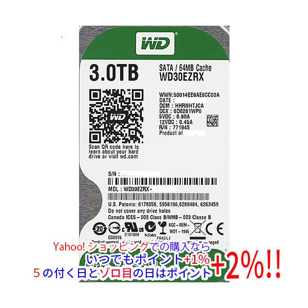 【商品名：】Western Digital製HDD WD30EZRX 3TB SATA600 3000〜4000時間以内　／　【商品状態：】動作確認済みの中古品です。／ ／ ※中古品ですので、傷、汚れ等ある場合がございます。／ ご理解の上、...