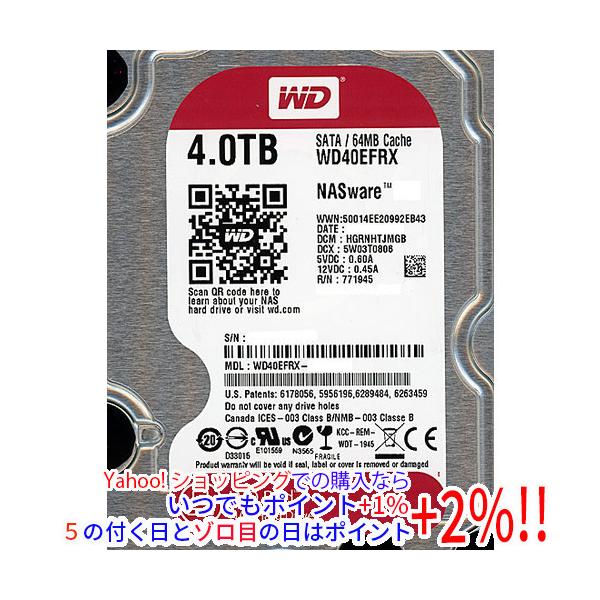 【商品名：】Western Digital製HDD WD40EFRX 4TB SATA600 1000〜2000時間以内　／　【商品状態：】動作確認済みの中古品です。／ ／ ※中古品ですので、傷、汚れ等ある場合がございます。／ ご理解の上、...
