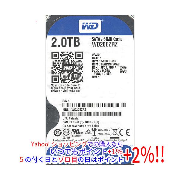 【商品名：】Western Digital製HDD WD20EZRZ 2TB SATA600 4000〜5000時間以内　／　【商品状態：】動作確認済の中古品です。／ ／ ※中古品ですので、傷、汚れ等ある場合がございます。ご理解の上、ご検討...