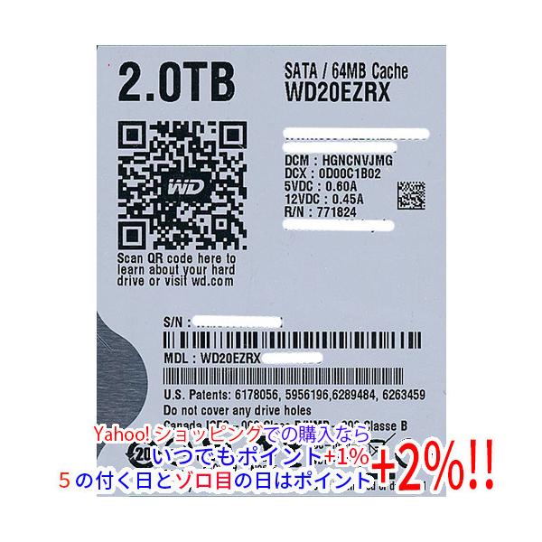 【商品名：】Western Digital製HDD WD20EZRX 2TB SATA600 0〜100時間以内　／　【商品状態：】動作確認済の中古品です。／ ／ ※中古品ですので、傷、汚れ等ある場合がございます。ご理解の上、ご検討お願いし...