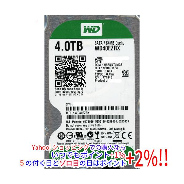 【商品名：】Western Digital製HDD WD40EZRX 4TB SATA600 2000〜3000時間以内　／　【商品状態：】動作確認済の中古品です。／ ／ ※中古品ですので、傷、汚れ等ある場合がございます。ご理解の上、ご検討...