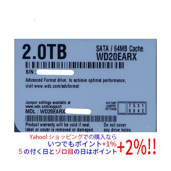 【商品名：】Western Digital製HDD WD20EARX 2TB SATA600 5000〜6000時間以内　／　【商品状態：】動作確認済の中古品です。／ ／ ※中古品ですので、傷、汚れ等ある場合がございます。ご理解の上、ご検討...