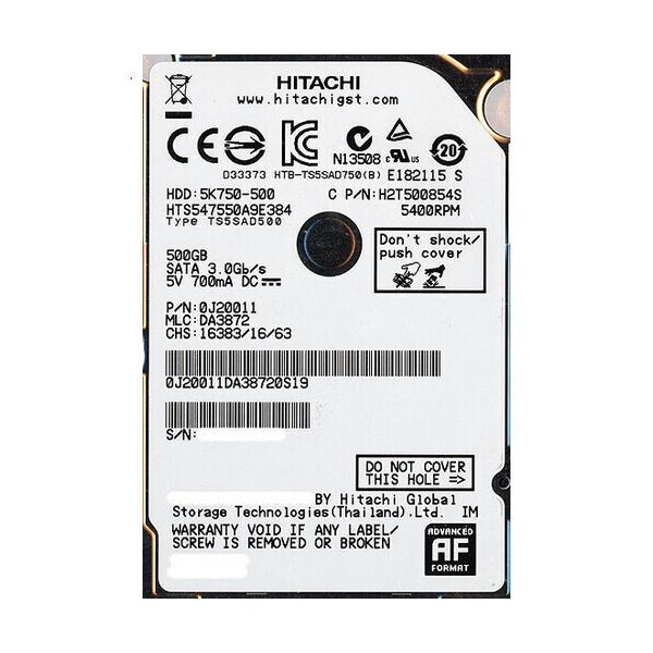 【商品名：】HITACHI ノート用HDD 2.5inch HTS547550A9E384 500GB 2000〜3000時間以内　／　【商品状態：】動作確認済みの中古品です。／※中古品のため、使用感や傷、汚れ等がある場合がございます。／／...