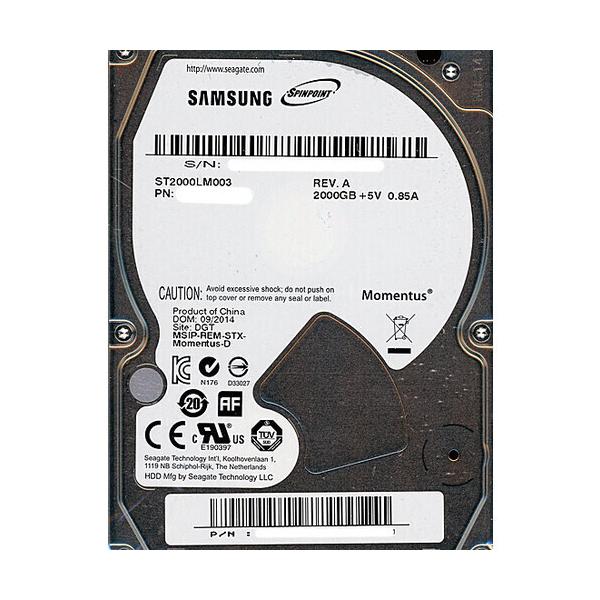 【商品名：】Samsung ノート用HDD 2.5inch ST2000LM003 2TB 9.5mm 2000〜3000時間以内　／　【商品状態：】動作確認済みの中古品です。／※中古品のため、使用感や傷、汚れ等がある場合がございます。／使...