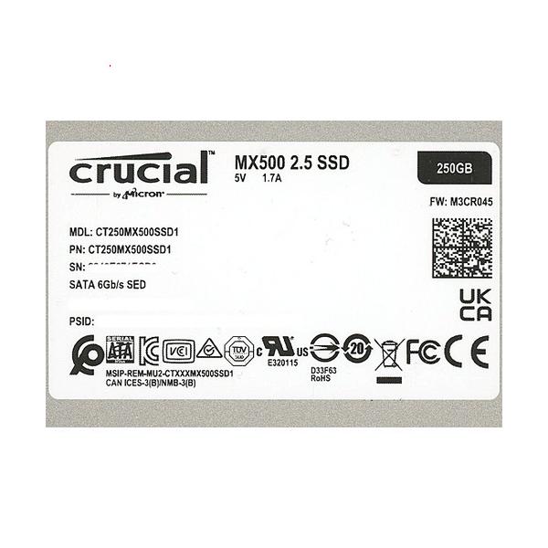 【商品名：】crucial 2.5インチ 内蔵型 SSD MX500 CT250MX500SSD1 250GB 1000〜2000時間以内　／　【商品状態：】動作確認済みの中古品です。／／※中古品ですので、傷、汚れ等ある場合がございます。／...