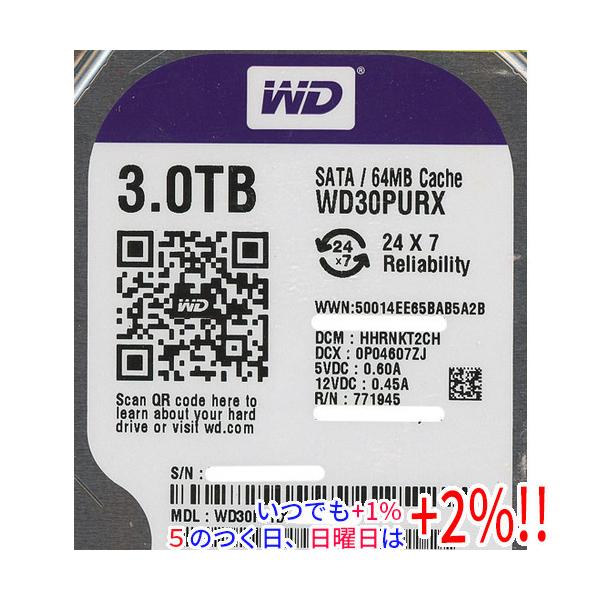 【商品名：】Western Digital製HDD WD30PURX 3TB SATA600　／　【商品状態：】新品/バルク品です。　／　【検索用キーワード：】≪ウエスタンデジタル ハードディスク WESTERN DIGITAL 3.5イン...