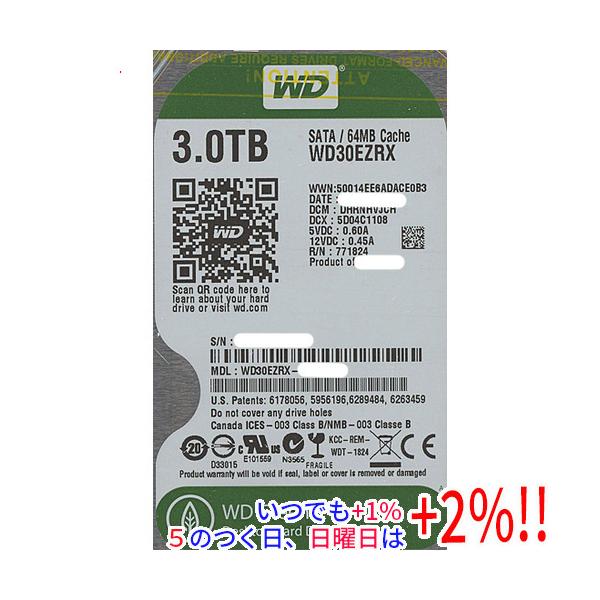 【商品名：】Western Digital製HDD WD30EZRX 3TB SATA600　／　【商品状態：】新品　／　【検索用キーワード：】≪ウエスタンデジタル ハードディスク WESTERN DIGITAL 3.5インチ≫ WD30E...