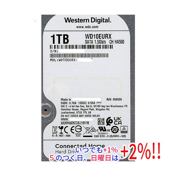 【商品名：】Western Digital製HDD WD10EURX 1TB SATA600　／　【商品状態：】新品です。バルク品。／ ／ ※製造時期によってラベルの印字がGP無しの場合がございますがGP(GreenPower)シリーズで間...
