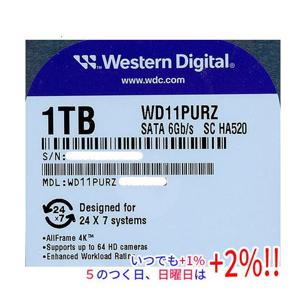 【商品名：】Western Digital HDD WD11PURZ 1TB SATA600 5400　／　【商品状態：】バルク品の新品未使用品です。／※簡易包装での提供となり、メーカー保証は付属しておりません。　／　【検索用キーワード：】...