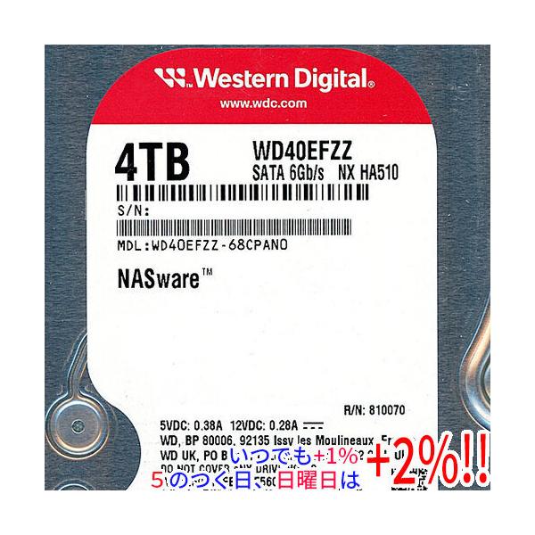【商品名：】Western Digital HDD WD40EFZZ 4TB SATA600 5400　／　【商品状態：】新品の商品です。バルク品。　／　【検索用キーワード：】≪ウエスタンデジタル ハードディスク WESTERN DIGIT...