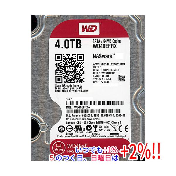【商品名：】Western Digital製HDD WD40EFRX 4TB SATA600 8000〜9000時間以内　／　【商品状態：】動作確認済みの中古品です。／ ／ ※中古品ですので、傷、汚れ等ある場合がございます。／ ご理解の上、...