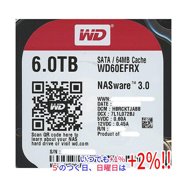 【商品名：】Western Digital製HDD WD60EFRX 6TB SATA600 3000〜4000時間以内　／　【商品状態：】動作確認済みの中古品です。／ ／ ※中古品ですので、傷、汚れ等ある場合がございます。／ ご理解の上、...