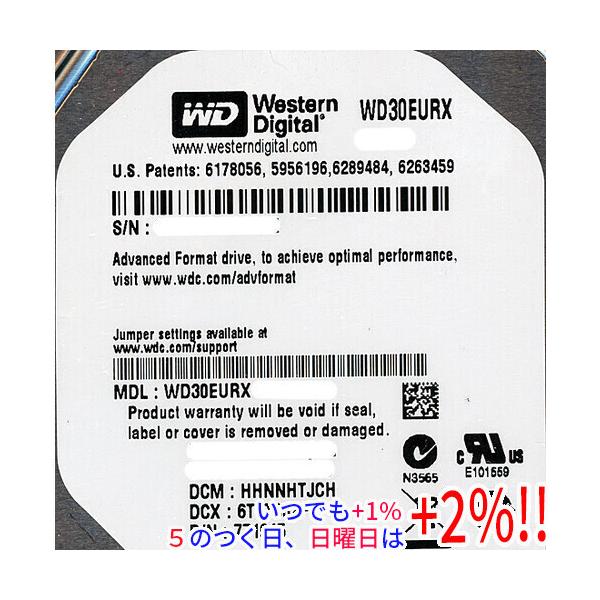 【商品名：】Western Digital製HDD WD30EURX 3TB SATA600 0〜100時間以内　／　【商品状態：】動作確認済の中古品です。／ ／ ※中古品ですので、傷、汚れ等ある場合がございます。ご理解の上、ご検討お願いし...