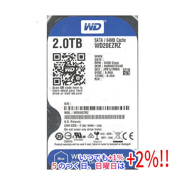 【商品名：】Western Digital製HDD WD20EZRZ 2TB SATA600 4000〜5000時間以内　／　【商品状態：】動作確認済の中古品です。／ ／ ※中古品ですので、傷、汚れ等ある場合がございます。ご理解の上、ご検討...
