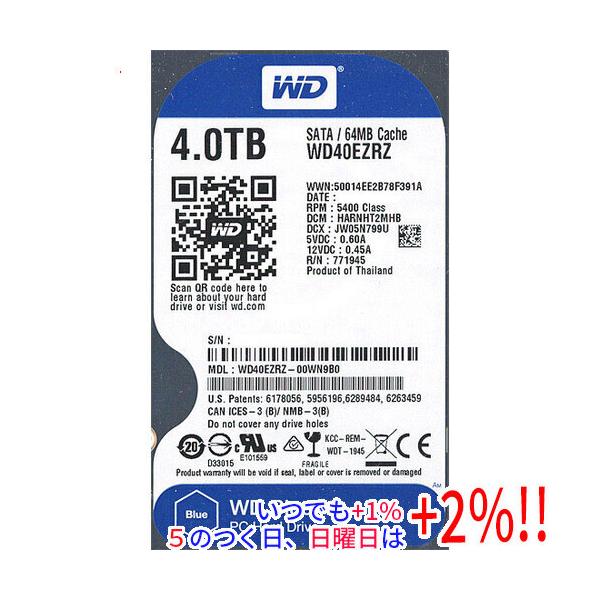 【商品名：】Western Digital製HDD WD40EZRZ 4TB SATA600 5400 2000〜3000時間以内　／　【商品状態：】動作確認済の中古品です。／ ／ ※中古品ですので、傷、汚れ等ある場合がございます。ご理解の...