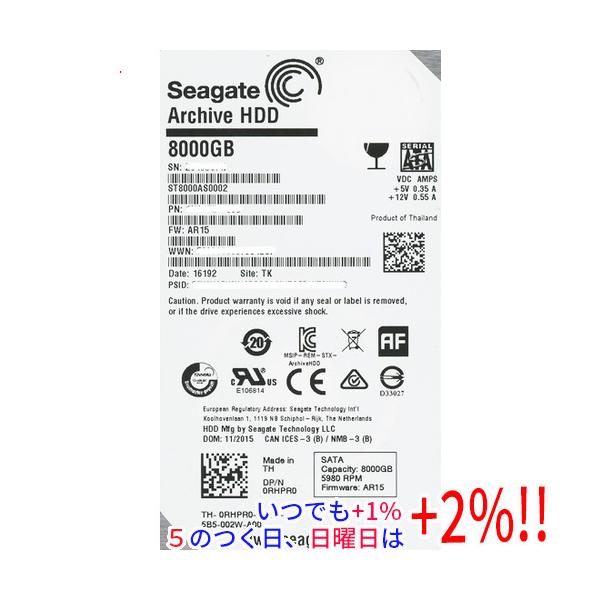 【商品名：】SEAGATE製HDD ST8000AS0002 8TB SATA600 1000〜2000時間以内　／　【商品状態：】動作確認済みの中古品です。／ ／ ※中古品ですので、傷、汚れ等ある場合がございます。／ ご理解の上、ご検討お...