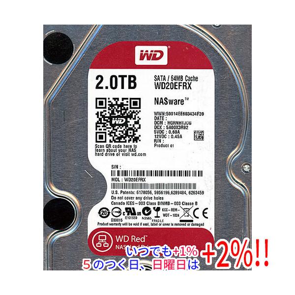 【商品名：】Western Digital製HDD WD20EFRX 2TB SATA600 200〜500時間以内　／　【商品状態：】動作確認済の中古品です。／ ／ ※中古品ですので、傷、汚れ等ある場合がございます。ご理解の上、ご検討お願...