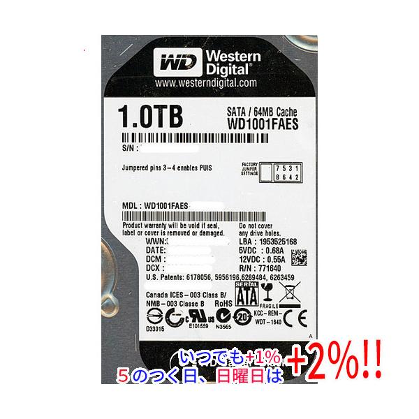 【商品名：】Western Digital製HDD WD1001FAES 1TB SATA300 7200 9000〜10000時間以内　／　【商品状態：】動作確認済みの中古品です。／ ／ ※中古品ですので、傷、汚れ等ある場合がございます。...