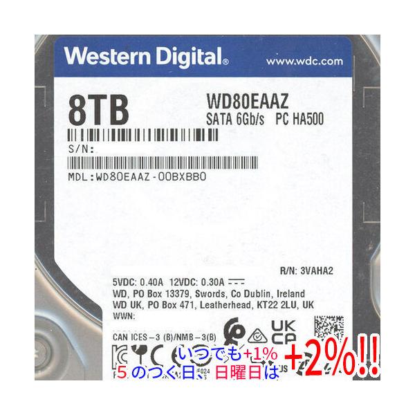 【商品名：】Western Digital製HDD WD80EAAZ 8TB SATA600 5640 1000〜2000時間以内　／　【商品状態：】動作確認済みの中古品です。／※中古品のため、使用感や傷、汚れ等がある場合がございます。／／...