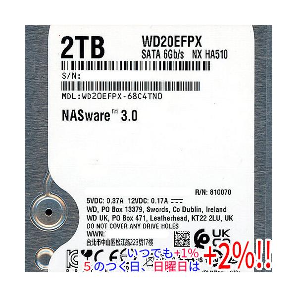 【商品名：】Western Digital HDD WD20EFPX 2TB SATA600 4000〜5000時間以内　／　【商品状態：】動作確認済みの中古品です。／※中古品のため、使用感や傷、汚れ等がある場合がございます。／／使用時間 ...
