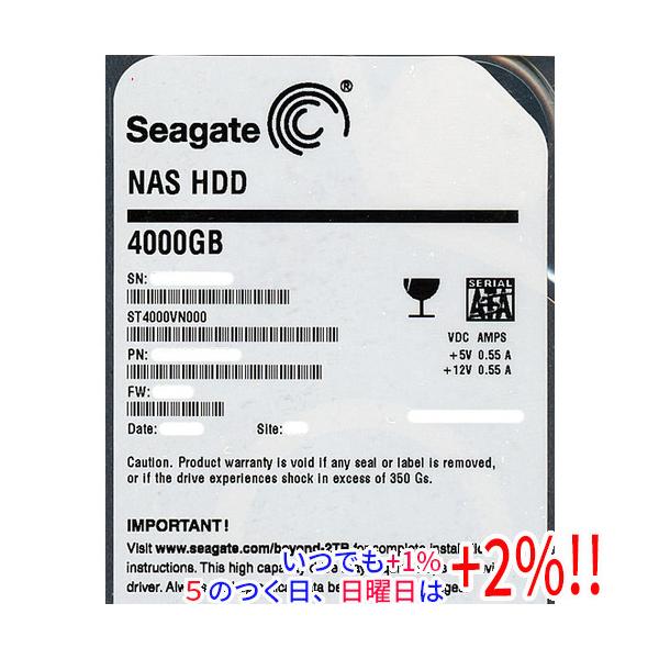 【商品名：】SEAGATE HDD ST4000VN000 4TB SATA600 2000〜3000時間以内　／　【商品状態：】動作確認済みの中古品です。／※中古品のため、使用感や傷、汚れ等がある場合がございます。／使用時間 2000〜3...