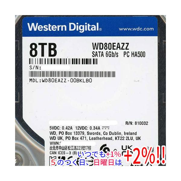 【商品名：】Western Digital HDD WD80EAZZ 8TB SATA600 5640 2000〜3000時間以内　／　【商品状態：】動作確認済みの中古品です。／※中古品のため、使用感や傷、汚れ等がある場合がございます。／／...