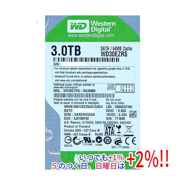 【商品名：】Western Digital製HDD WD30EZRS 3TB SATA300　／　【商品状態：】新品 / バルク品　／　【検索用キーワード：】≪ウエスタンデジタル ハードディスクWESTERN DIGITAL ハードディスク...