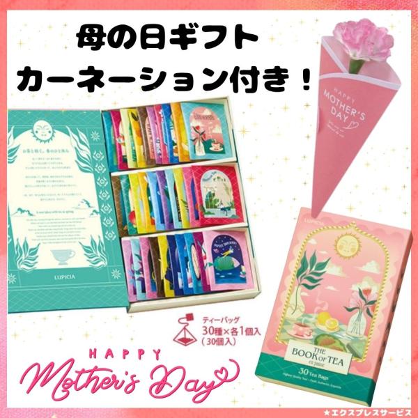 母の日ギフトにおすすめなルピシアの限定紅茶30種のセットブック オブ ティー アンポーズです。母の日のプレゼント用にメッセージカードでラッピングしたミニサイズの造花カーネーション付きです。カードは開封でき、内面にはお母さん いつもありがとう...