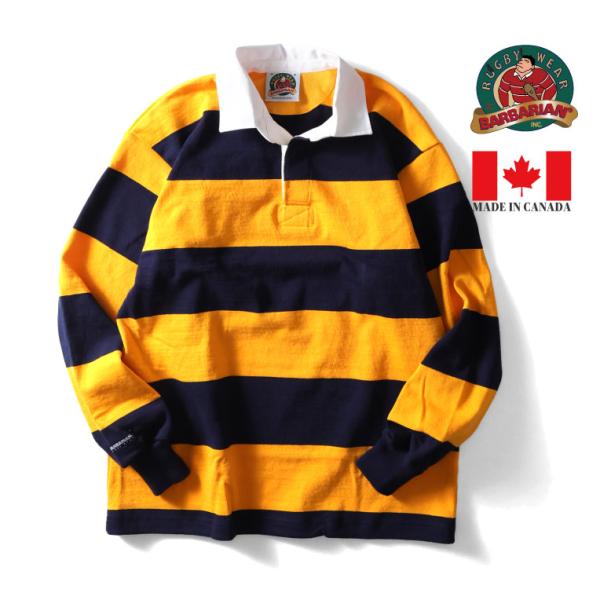 商品名BARB002 CLASSIC 12oz RUGBY SHIRT 4inch STRIPE / クラシック12オンスラガーシャツ 4インチストライプ商品説明バーバリアンの定番、襟付きラグビーシャツ。12オンスのヘビーウェイト生地を使用...