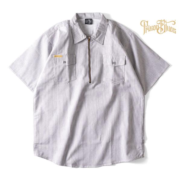 商品名PRBS406 SHORT SLEEVE HICKORY SHIRTS HALF ZIPPER FRONT / ヒッコリーストライプハーフジップ半袖シャツ商品説明ヒッコリーストライプ生地を使用したハーフジップ仕様の半袖シャツ。両胸には...