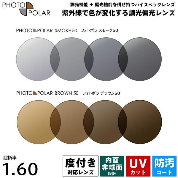 【 調光機能と偏光機能を併せ持つ調光偏光レンズ 薄型 1.60 フォトポラ ブラウン/スモーク 】● 世界的レンズメーカー Ito Lens製のレンズを採用● 歪みが少ない内面非球面設計(アクロライト) / 汚れに強い撥水コート / 紫外線...