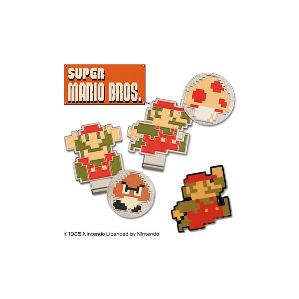 ●素材：地金/鉄・磁石●サイズ：マーカー/約25φ、台座/約29×29mm●種類：マリオ＆キノコ（SBM002）、マリオ＆クリボー（SBM003）
