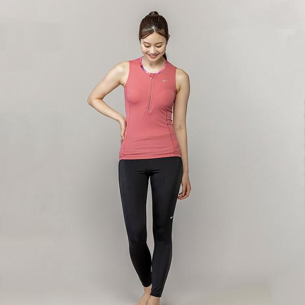 肌の露出を控えたい方におすすめ、ロングスパッツタイプのフィットネス水着。足首までしっかりカバーできます。ブラカップ付属。ボトムスは裏地付き、股下62.5cm(Mサイズ)。ポリエステル85%、ポリウレタン15%