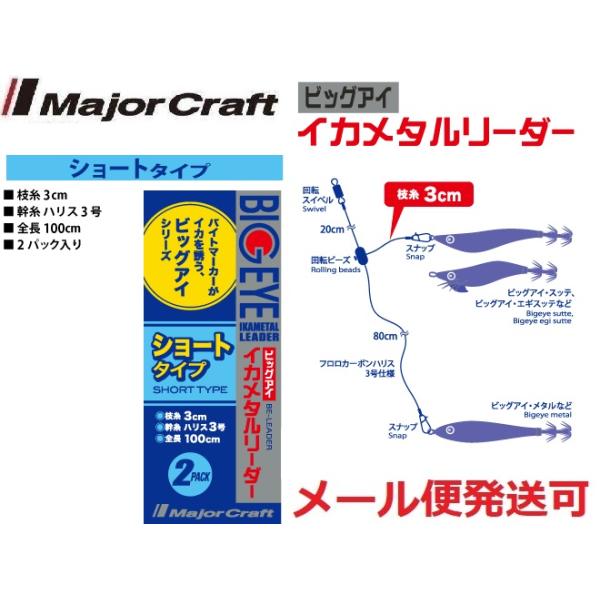 メーカー：メジャークラフト商品名：ビッグアイ イカメタルリーダー枝糸：3ｃｍ幹糸：ハリス3号全長：100ｃｍ2セット入り