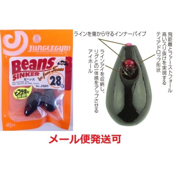 メーカー：ジャングルジム商品名：ビーンズ使い方はアングラー次第ビーフリーテキサス、通称‘ビフテキ’専用シンカー。テキサスリグとシンカー直付けリグ、2つの長所を併せ持つビフテキシンカー。リングロッカー、ムーブストッパーとコンビで使えばビフテキ...