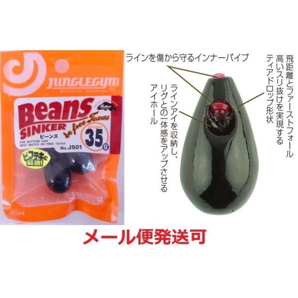 メーカー：ジャングルジム商品名：ビーンズ使い方はアングラー次第ビーフリーテキサス、通称‘ビフテキ’専用シンカー。テキサスリグとシンカー直付けリグ、2つの長所を併せ持つビフテキシンカー。リングロッカー、ムーブストッパーとコンビで使えばビフテキ...
