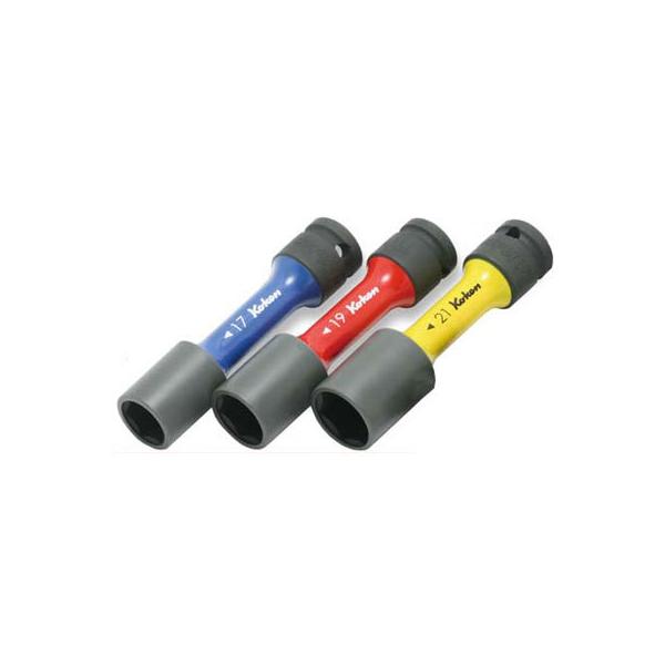 ●ナット穴の狭いアルミホイールにも対応可能な薄肉設計です。●リムの深いホイールにも対応できる全長110ｍｍです。●一目でサイズ確認が行える中間軸の色分けと白文字印刷をしています。●差込角(mm)：12.7●セット内容(点)：3●ソケット内容...