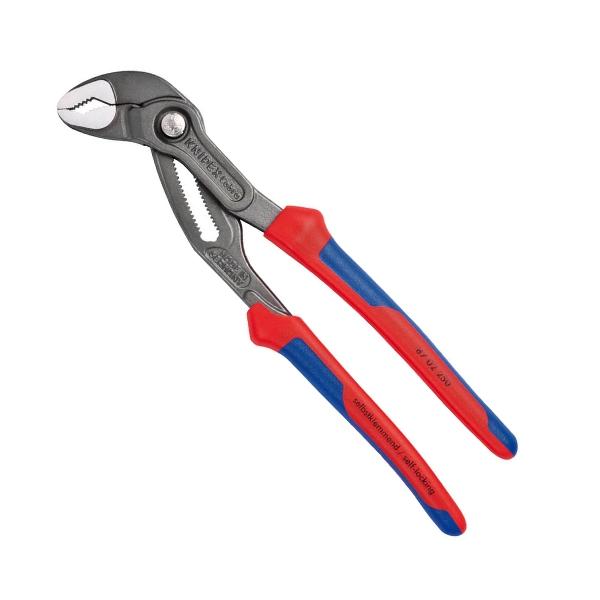 KNIPEXの“コブラ”は高性能なウォーターポンププライヤーです。ジョイント部は横方向へのブレを防止する3枚合わせ（ボックスジョイント）。プッシュボタンにより、素早く簡単にアゴの幅を細かく調整できます。アゴの開き調整はプッシュボタンにて行う...