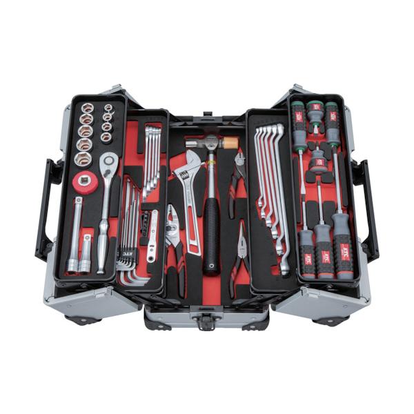 車輌や一般機械整備に最適です。充実したセット内容で好評の両開きケースタイプの工具セットです。持ち運びやすさと、開けば一目瞭然の使いやすさです。