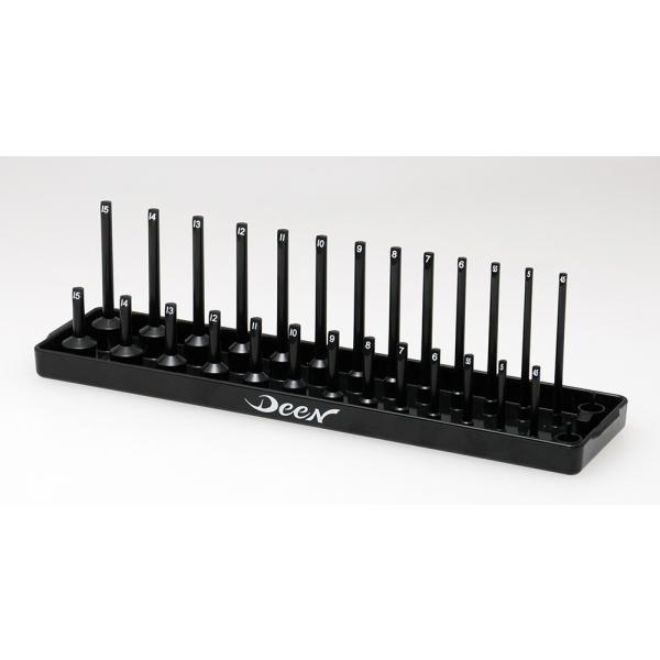 ソケットをポストに差して収納する。各ポストにサイズが表記されているのでひと目でサイズ確認が出来ます。1/4SQ・・・4?15mm 255mm×65mm