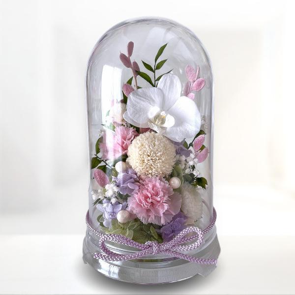純白のコチョウラン、丸みのある可愛らしいピンポンマムなど和の花を用いた、爽やかで上品な雰囲気のドームアレンジです。【ご用途】お供え、お悔やみ、仏花、法事etc 【パッケージ】そのまま贈り物としてご利用いただけるよう、ラッピングしてお届けしま...