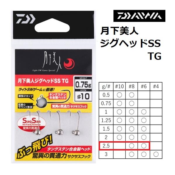 メーカー ：ダイワ DAIWA商品名 ：ジグヘッドSS TG 2.5g  種類：ジグヘッド(ライトゲーム アジ・メバル用)入り数: 3本針号数:#8, #6重さ ： 2.5g送料サイズ：小 【メール便対応】メール便1口での同梱目安：20個 ...