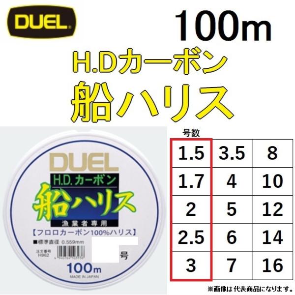 メーカー ： デュエル DUEL商品名 ： H.D.カーボン 船ハリス 100m種類 ： フロロカーボンハリス・ショックリーダー（元祖 船ハリス・国産フロロ)長さ ： 100mカラー ： クリア号数(Lbs. kg)  ： 1.5号(6Lb...