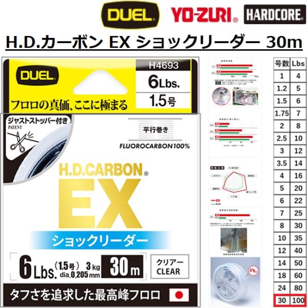 メーカー ： デュエル DUEL ヨーヅリ YO-ZURI商品名 ：H.D.カーボン EX 30m  種類：フロロカーボンリーダー主な用途：バーサタイル長さ ： 30mカラー ： クリアー浮力 ： シンキングLbs ：100lbs号数 ：3...