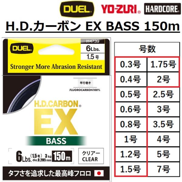メーカー ： デュエル DUEL ヨーヅリ YO-ZURI商品名 ：H.D.カーボン EX BASS 150m  種類：フロロカーボンライン主な用途：ブラックバス長さ ： 150mカラー ： クリアー浮力 ： シンキングLbs ： 1,1....